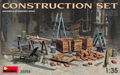MiniArt 35594 Construction Set Kit Ladders, Table, Buckets, Bricks, Cart, Anvil, Beams, Jack Stand & Tools