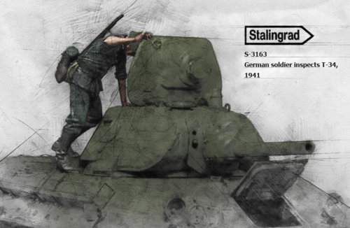 Stalingrad 3163 German soldier inspects T-34