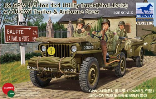 Bronco CB35106 US Jeep 1/4ton 4x4 Utility Truck (Mod.1942) with 10-cwt Trailer and Airborne Crew