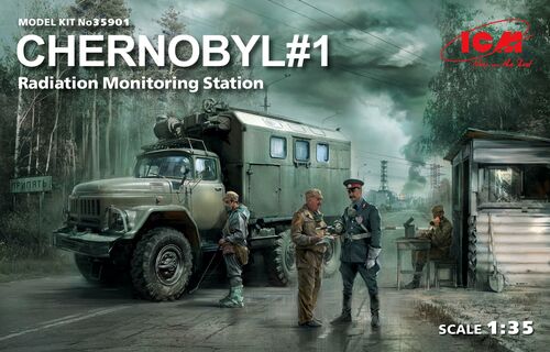 ICM 35901 Chernobyl#1. Radiation Monitoring Station (ZiL-131KShM truck & 5 figures & diorama base with background)