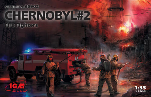 ICM 35902 Chernobyl #2. Fire Fighters (AC-40-137A firetruck & 4 figures & diorama base with background)