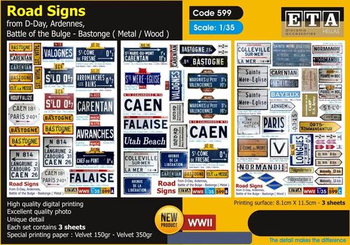 ETA DIORAMA ACCESSORIES 599 Road Signs : D-Day, Ardennes, Battle of the Bulge-Bastonge