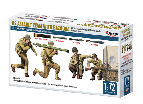 Mirage-Hobby 720010 US ASSAULT TEAM WITH BAZOOKA, WW2 US GIs with Bazooka M1A1 Rocket Launcher Normandy, 1944