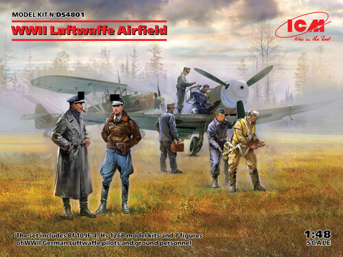 ICM DS4801 WWII Luftwaffe Airfield Messerschmitt Bf 109F-4, Hs 126 B-1, German Luftwaffe Pilots and Ground Personnel (7 figures)