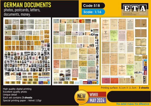 ETA DIORAMA ACCESSORIES 518 German Documents WWII - Photos, Postcards, Letters, Documents, Money (3 Sheets)