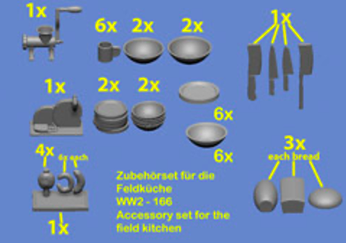 Germania-Figuren 72-WW2-170 Accessory set for the field kitchen Meat grinder, bowls, knives, etc.