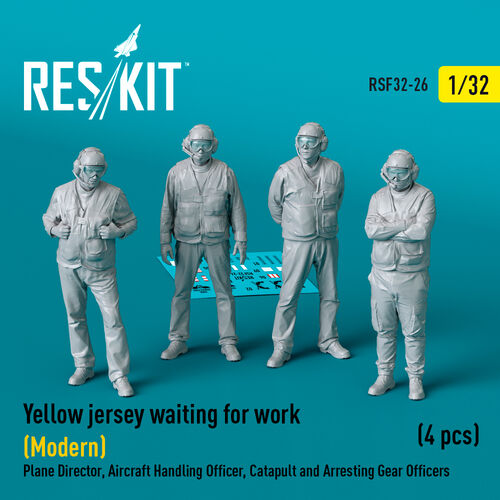 RES/KIT F32-0026 Yellow Jersey Waiting For Work (Modern) Plane Director, Aircraft Handling Officer, Catapult And Arresting Gear Officers (4pcs) (3D Printed)
