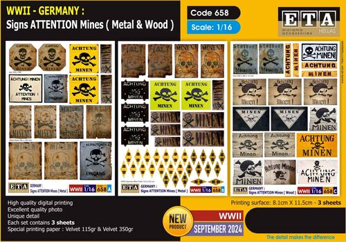 ETA DIORAMA ACCESSORIES 658 WWII - Germany Signs Attention Mines (Metal And Wood) (3 Sheets)