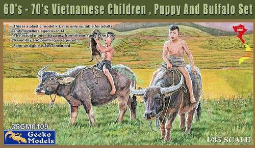 Gecko Models 35GM0109 60'-70's Vietnamese Children, Puppy And Buffalo Set
