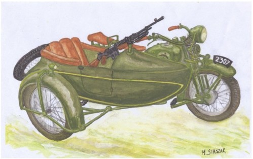 Choroszy Modelbud V04 HEAVY MOTORCYCLE M111 SOKӣ(FALCON)1000 with SIDE CAR and Browning wz. 28
