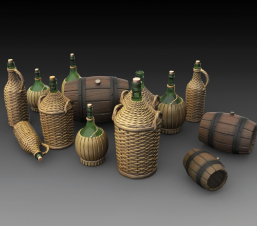 Royal Model di R. Reale 786 Wicker Bottles Demijohn Glass and small barrels