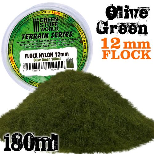 Green Stuff World 9943 Static Grass Flock 12mm - Olive Green - 180 ml