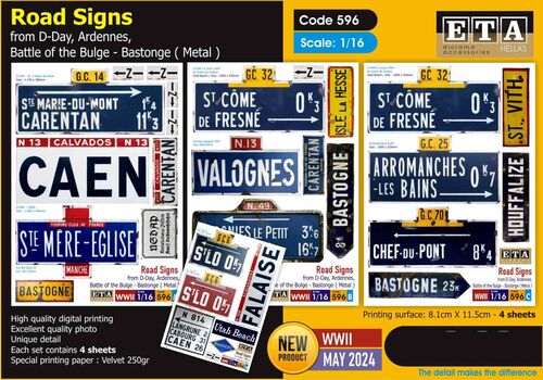 ETA DIORAMA ACCESSORIES 596 Road Signs - From D-Day, Ardennes, Battle Of The Bulge - Bastogne (Metal) (4 Sheets)