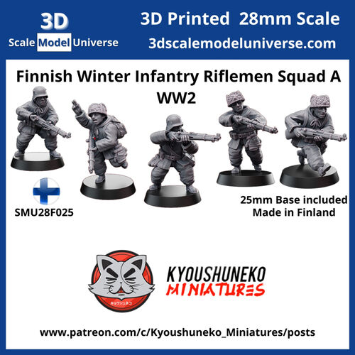 3d Scale Model Universe 28F025 Finnish WW2 Winter Infantry Riflemen Squad A (5 Figures / 25 mm Bases)