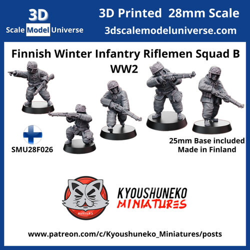 3d Scale Model Universe 28F026 Finnish WW2 Winter Infantry Riflemen Squad B (5 Figures / 25 mm Bases)