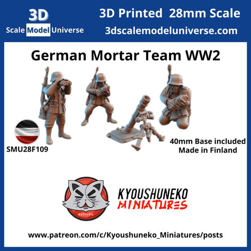 3d Scale Model Universe 28F109 German WW2 Mortar Team (3 Figures / 40 mm Base)