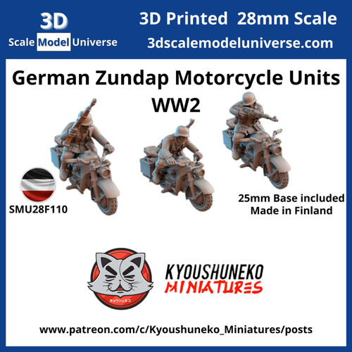 3d Scale Model Universe 28F110 German WW2 Zundap Motorcycle Units (3 Figures)