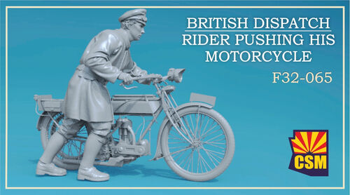 Copper State Models F32-065 British Dispatch Rider Pushing His Motorcycle