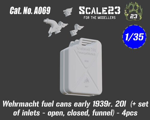 Scale23 35-A069 Wermacht fuel cans early 1939r. 20l (+ set of inlets - open, closed, funnel) - 4szt