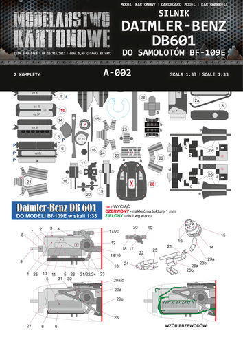 Modelarstwo kartonowe A-002 Silnik Daimler-Benz DB601 do samolotów BF-109E