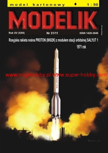 Modelik 31_11 Rosyjska rakieta nośna PROTON (8K82k) z modułem stacji orbitalnej SALYUT 1 , 1971 rok