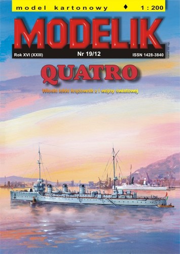 Modelik 19_12 QUATRO Włoski lekki krążownik z I wojny światowej klasyczna, 3-kominowa sylwetka okrętu z początku XX w.