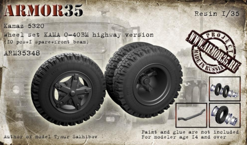 Armor35 35348 Kamaz 5320, Wheel set KAMA 0-40BM , highway version (10 pcs.+1 spare + front beam)