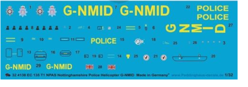 Peddinghaus-Decals 4138 EC135 British Police Helicopter Markings G-NMID Derbyshire