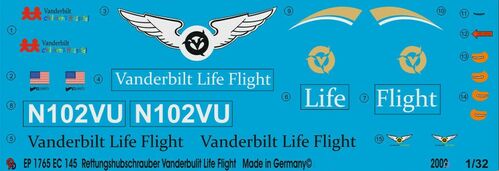Peddinghaus-Decals 1765 EC 145 Rescue Helicopter Vanderbilt Life Flight USA