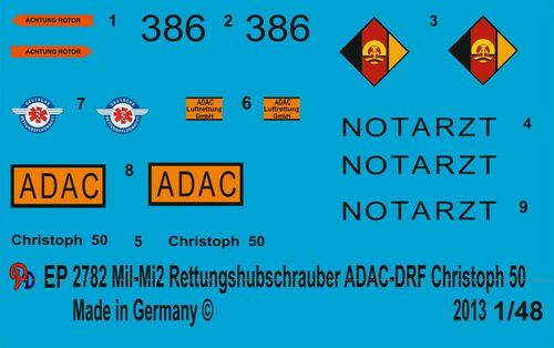 Peddinghaus-Decals 2782 Mil-Mi 2 ADAC-DRF Rescue Helicopter Christoph 50