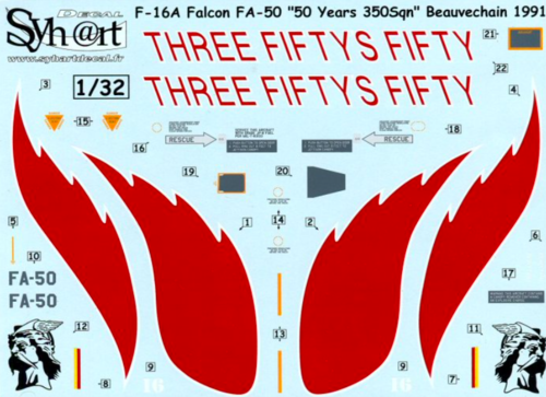 Syhart Decal 32-057 F-16A Falcon FA-50 'Three Fifty's Fifty" 50 Ans 350Sqn 1992