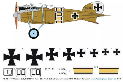 Peddinghaus-Decals 4387 Albatros D.III, D.2150/16, Jasta 28w, Carl Bolle, France, Summer 1917