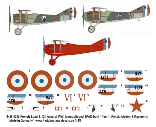 Peddinghaus-Decals 4359 French Spad S. XIII Aces Of WWI (Camouflaged SPAD-Built - Part 1: Fonk, Madon And Raymond)