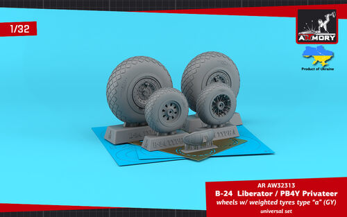 Armory Models Group AW32313 B-24 Liberator / PB4Y Privateer wheels w/ weighted tyres type "a" (GY), 2 types nose wheels, 3D-printed mudguard & PE hubcaps