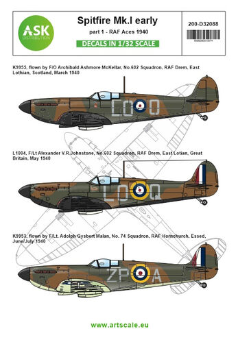Art Scale Kit D32088 Spitfire Mk.Ia Part 1 - 'The Few', 1940 RAF Aces