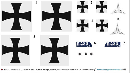 Peddinghaus-Decals 4418 Albatros D.I, S.435/16, Jasta 1, Hans Bethge, France, October/November 1916