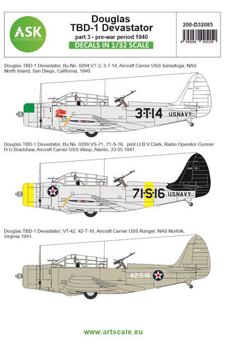 Art Scale Kit D32085 Douglas TBD-1 Devastator Decals Part 3 - Pre-war period 1940