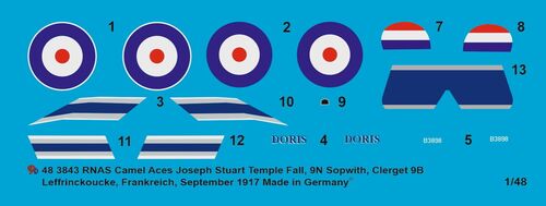 Peddinghaus-Decals 3843 Sopwith Camel RNAS Joseph Stuart Temple Fall, 9N, B3898 (Sopwith, Clerget 9B), Leffrinckoucke-France, September 1917