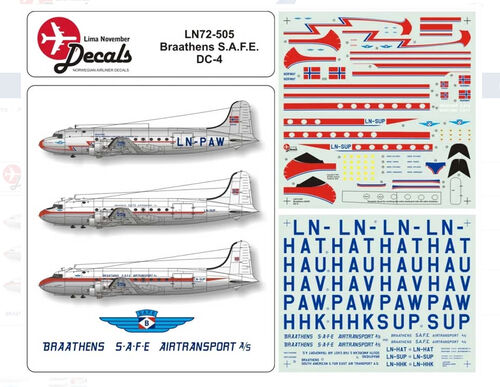 Lima November Decals 72-505 Douglas DC-4 - Braathens S.A.F.E - 3 different schemes