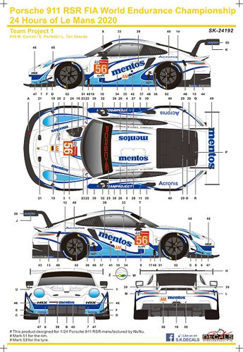 NEW! SK Decals 24192 Porsche 911 RSR - FIA World Endurance Championship 24 Hours of Le Mans 2020 Team Project 1 (for NuNu Kits)