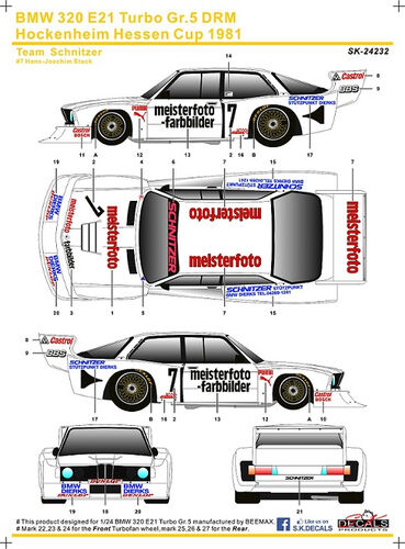 NEW! SK Decals 24232 BMW 320 E21 Turbo GR.5 DRM Hockenheim Hessen Cup 1981 (for Beemax Kits)
