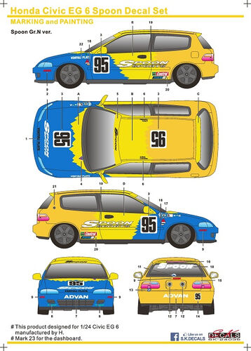 NEW! SK Decals 24035 Honda Civic EG6 Spoon Decal Set (for Hasegawa Kits)