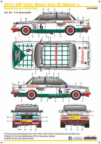 NEW! SK Decals 24068 Volvo 240 Turbo - Macau Guia 1985 Watson (for Beemax Kits)