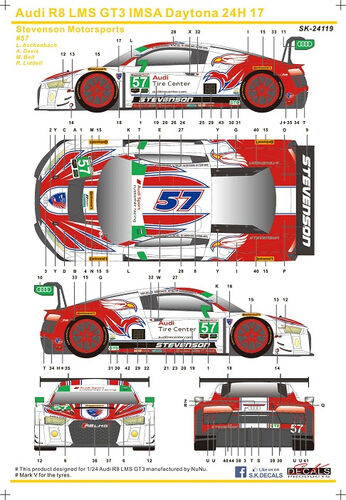 NEW! SK Decals 24119 Audi R8 LMS GT3 - IMSA Daytona 24h 2017 Stevenson (for NuNu Kits)