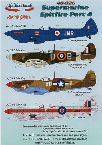 NEW! Lifelike Decals 48026 Supermarine Spitfire Part 4 (4 Schemes)