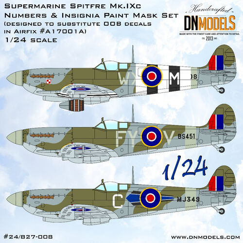 NEW! DN Models 24-827-008 Spitfire Mk.IXc - Numbers and Insignia Paint Mask Set (for Airfix A17001A Kit)