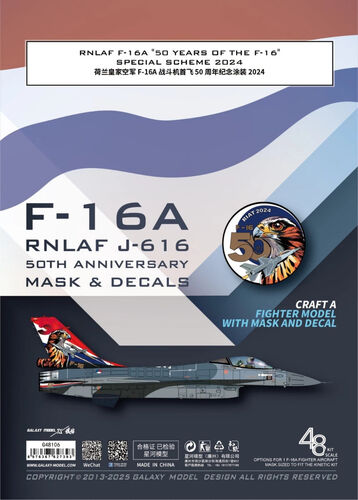 Galaxy-Model G48106 RNLAF F-16 A J-616 50th Anniversary Scheme 2024 - Die-Cut Flexible Mask & Decel (for Kinetic 48100 Kit)