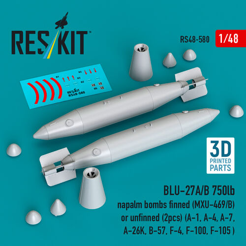 RES/KIT 48-0580 BLU-27A/B 750lb Napalm Bombs Finned (MXU-469/B) or unfinned (2 pcs / 3D-Printed)