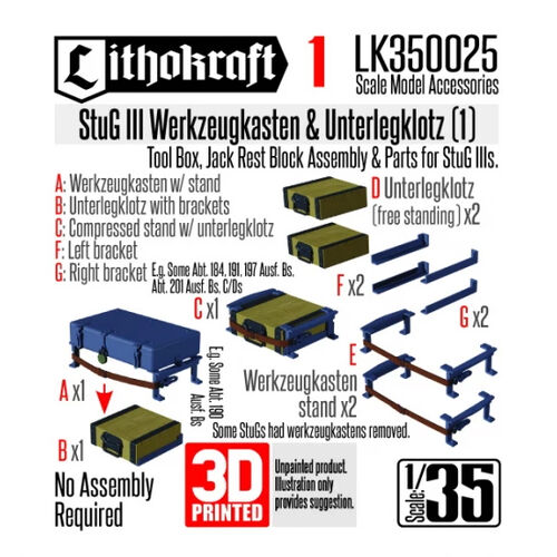 Lithokraft Range 350025 StuG III Werkzeugkasten & Unterlegklotz Set 1 (3D-Printed)