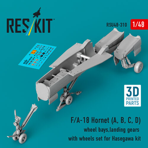 RES/KIT U48-0310 F/A-18 A / B / C / D Hornet - Wheel Bays / Landing Gears with Wheels Set (3D-Printed / for Hasegawa Kits)